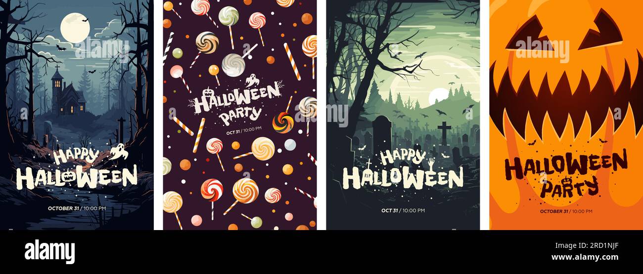 Happy Halloween party poster set. Drawing placards with old mansion ...