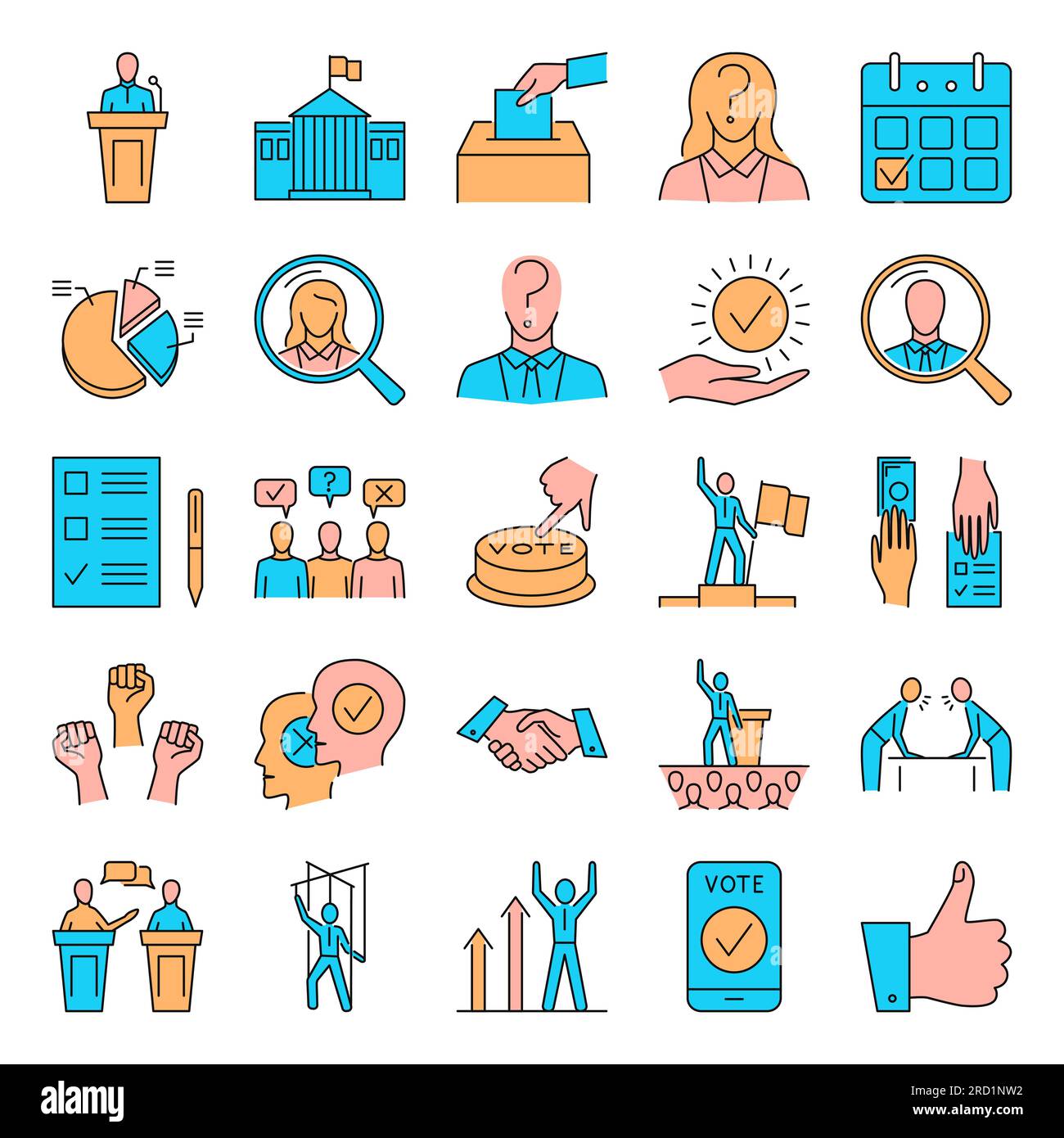 Politics icon set in colored line style. Government and voting symbols ...