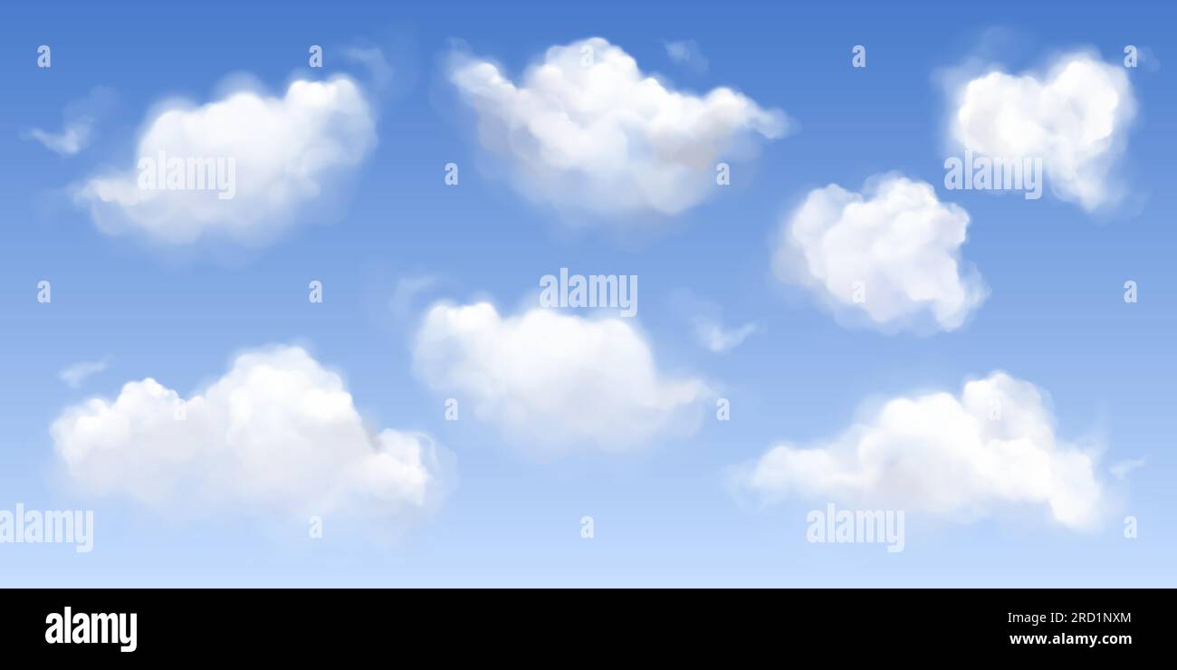 Vector white fluffy cloud in blue sky background. Realistic air cloudy ...