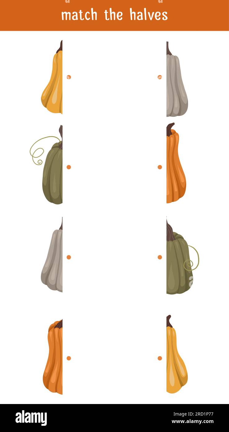 Find right half for various autumn pumpkins. Vector worksheet template ...