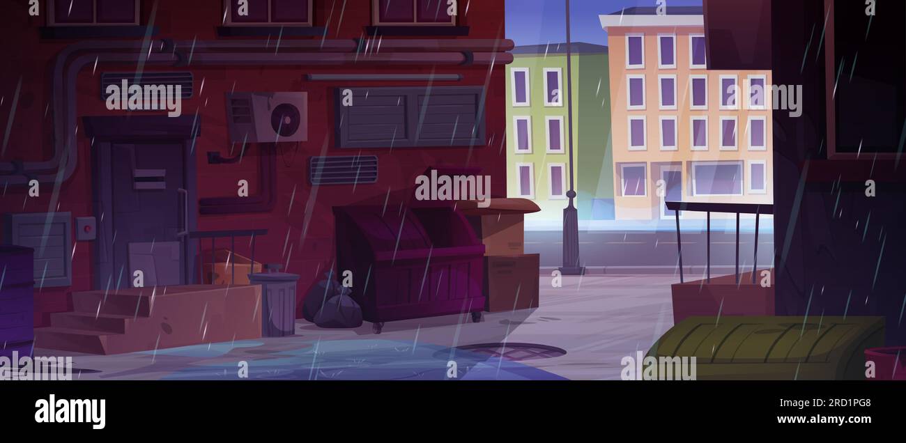 Rain on city alley back street cartoon vector background. Rainy ...