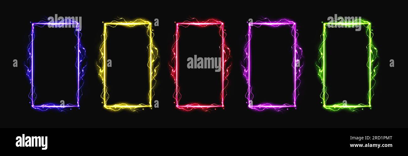 Neon lightning effect electric glow frame vector. Magic spark border ...