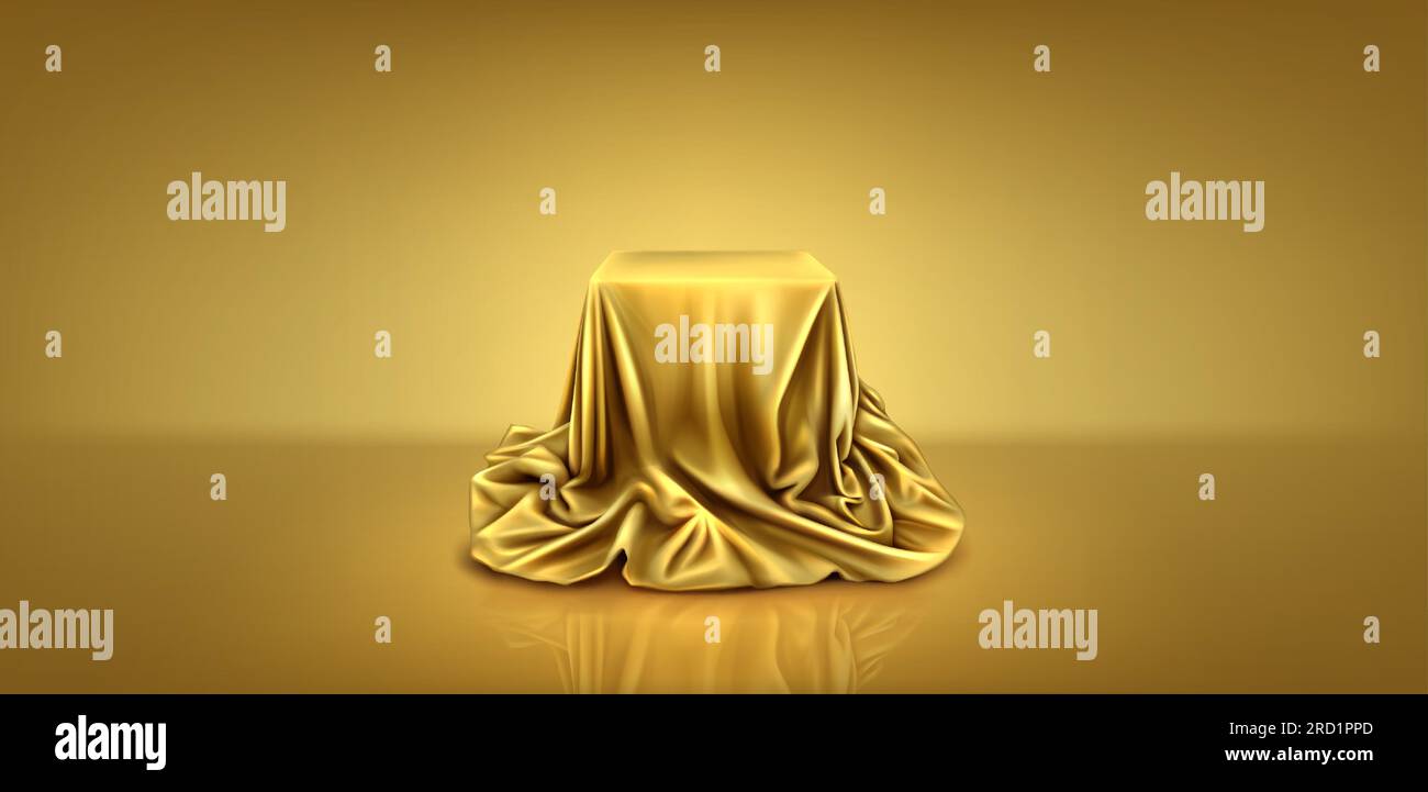 Gold silk cloth podium box cover to reveal gift 3d background. Golden satin fabric hidden secret ...
