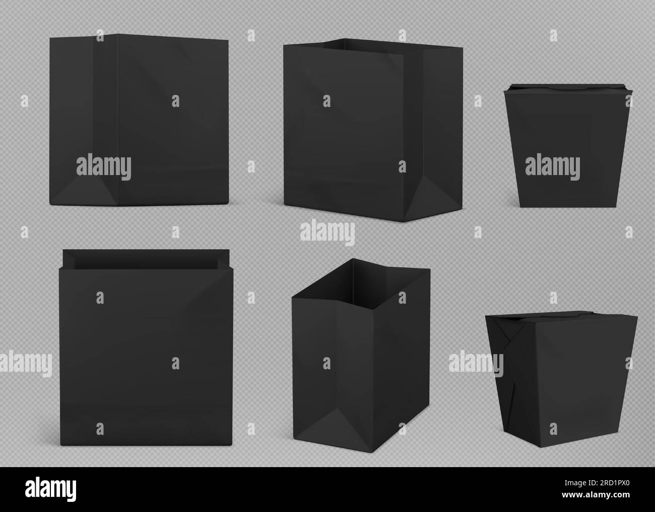 3d black paper bag package for snack isolated. Empty food cardboard box ...