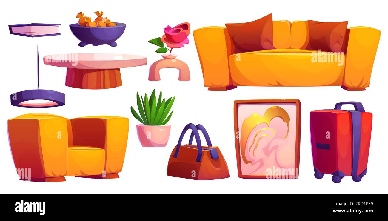 Hotel lobby room furniture vector illustration set. Cartoon business ...