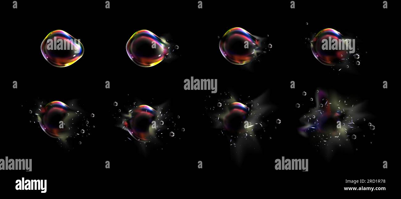 Iridescent foam bubble burst explosion sprite animation. Glass spectrum ...