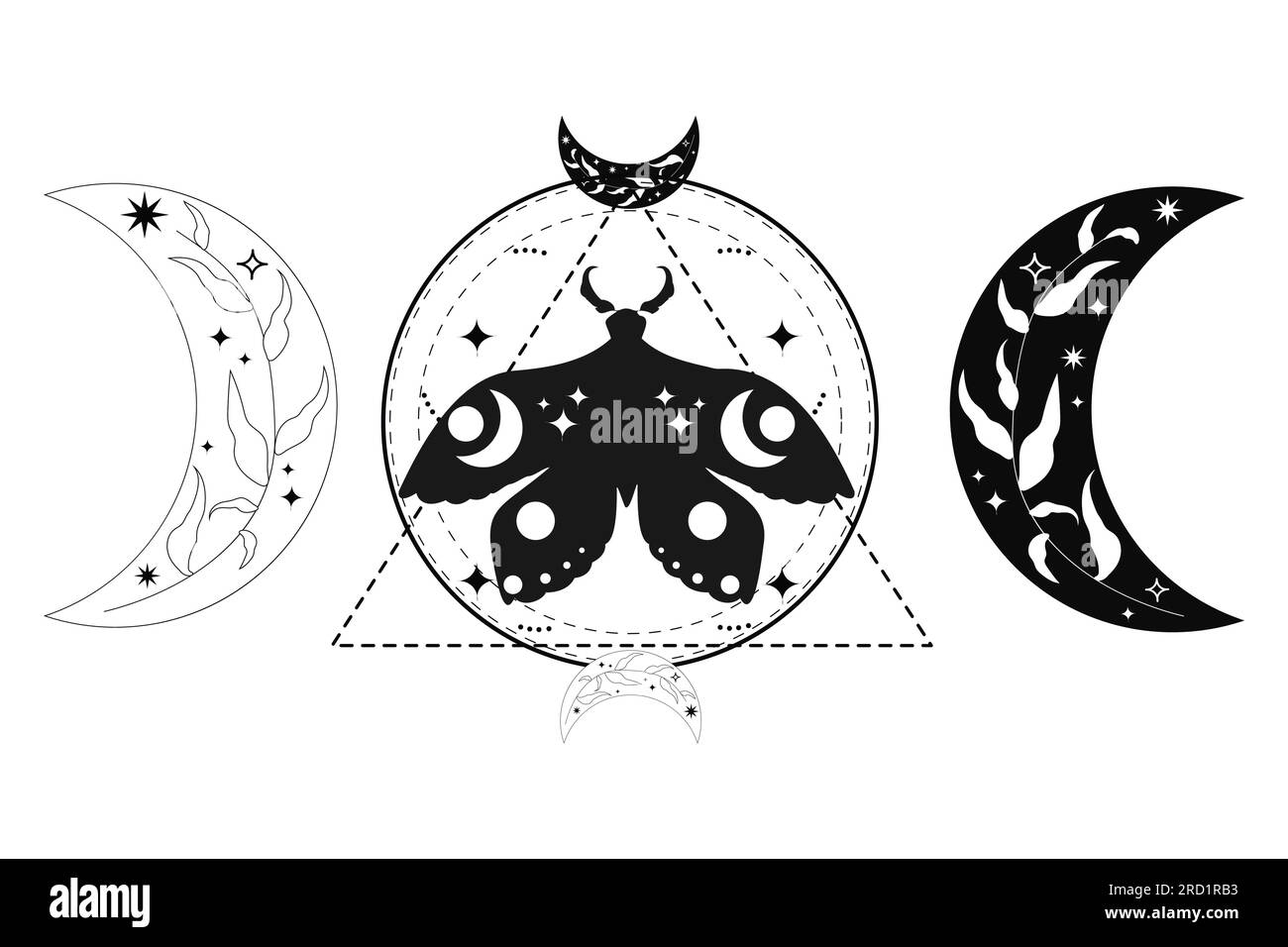 Magic mystic moth in doodle style, line art isolated, boho celestial ...