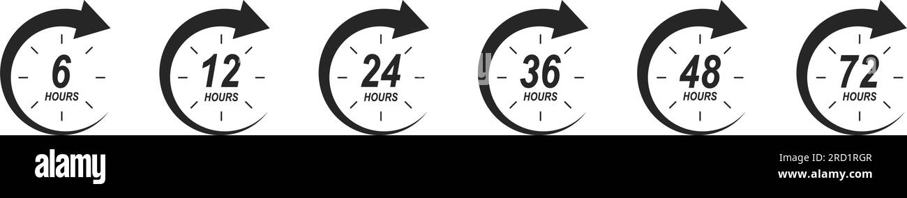 6, 12, 24, 36, 48, 72 hours icons with circle arrows. Set of shipping ...