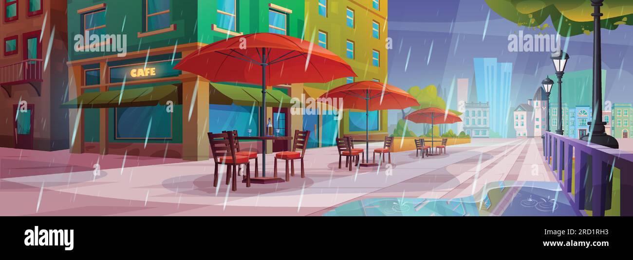 Outdoor city cafe exterior with rain in summer vector cartoon ...