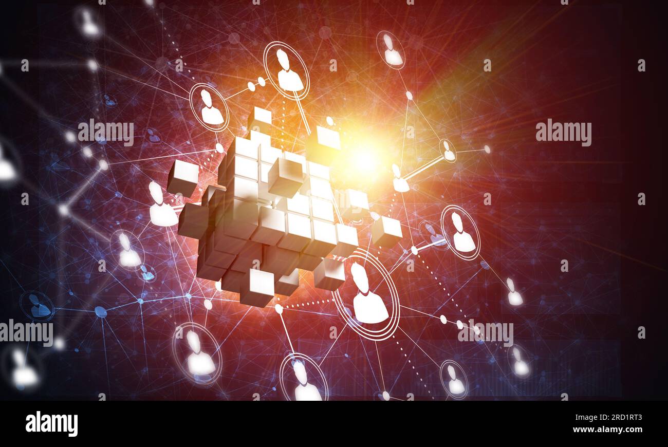 Concept of Internet and networking with digital cube figure on dark ...