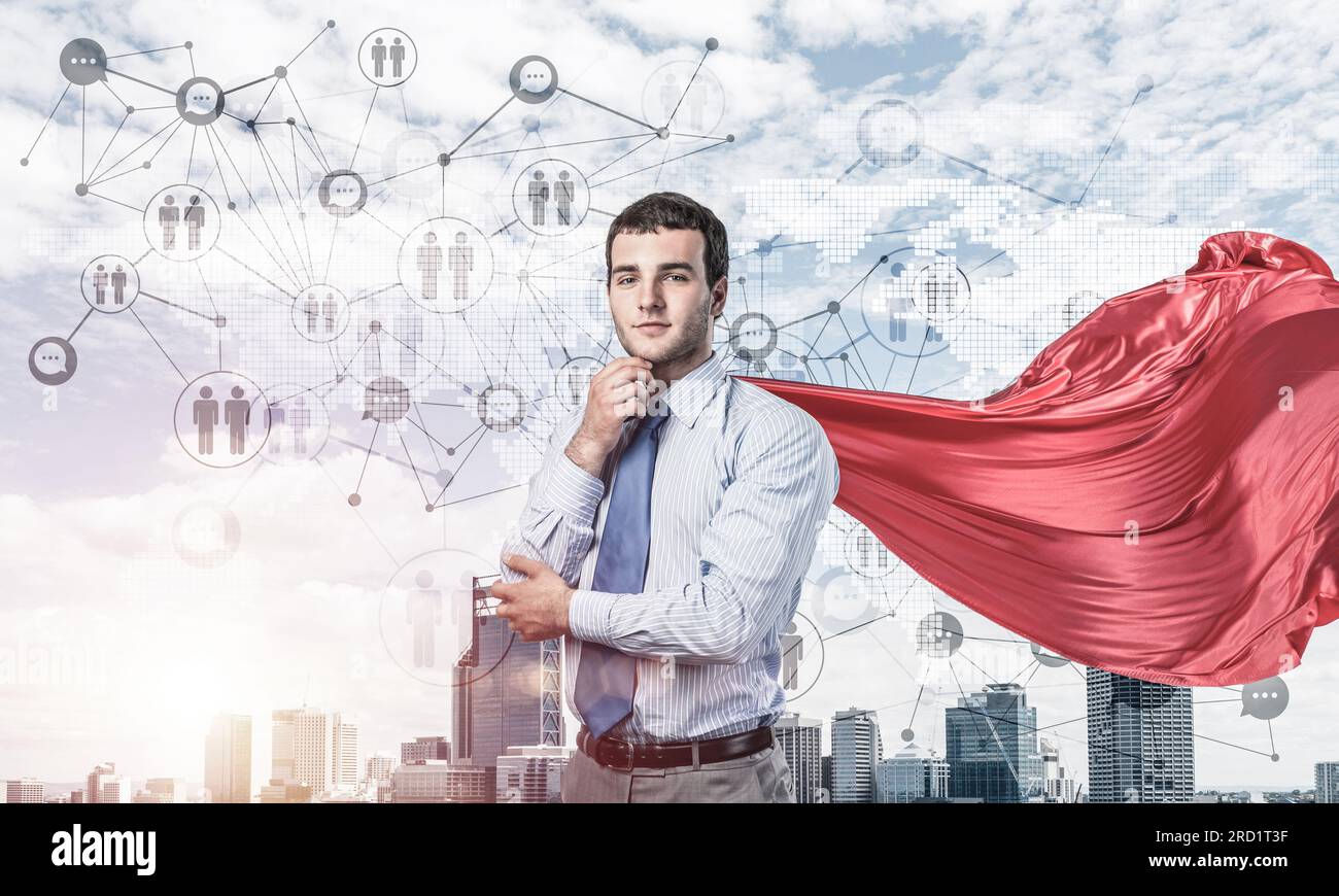 Concept of power and sucess with businessman superhero in big city ...