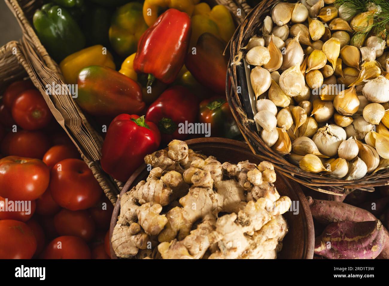 Close up of vegetables in boxes at health food organic grocery shop ...