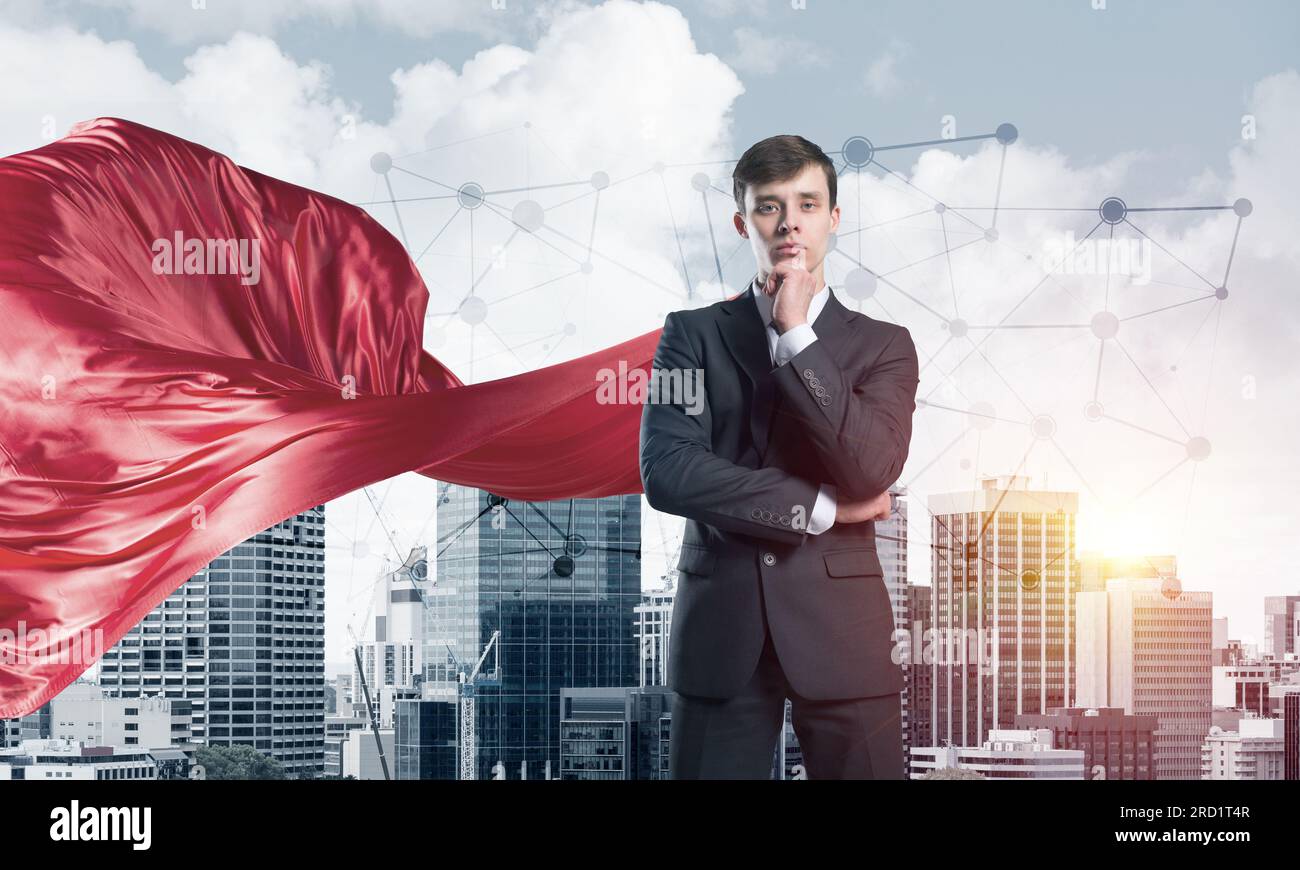 Concept of power and sucess with businessman superhero in big city ...