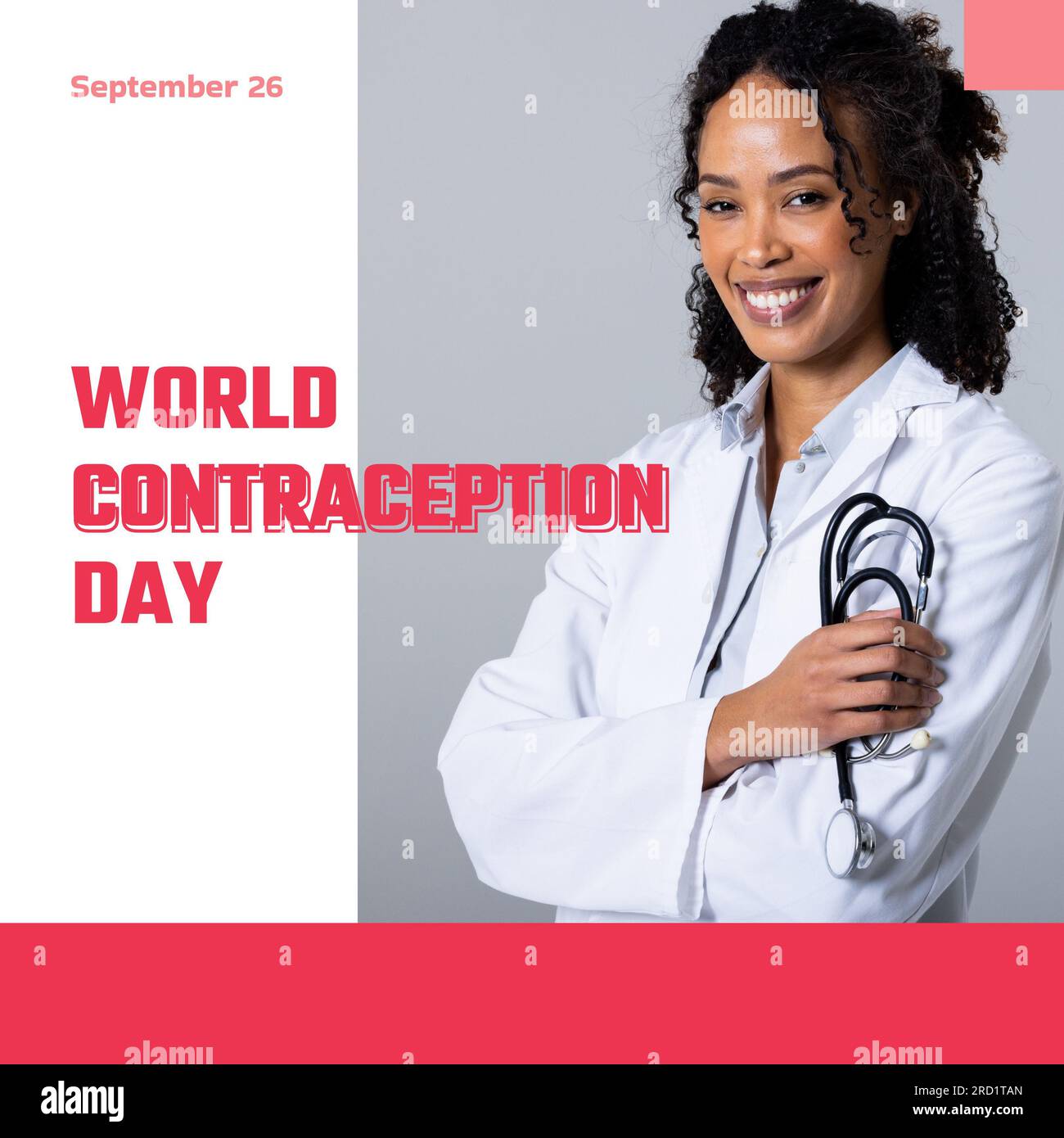 World contraception day text and date in red over smiling biracial ...