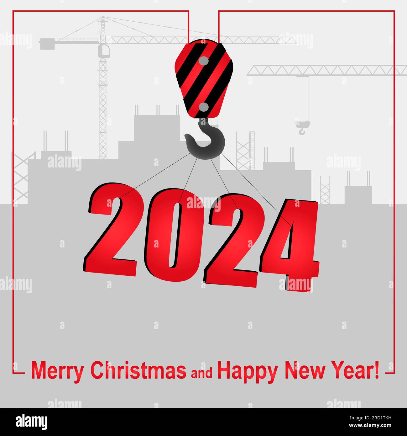 Happy New Year and Merry Christmas concept. A crane lifts the symbol of ...
