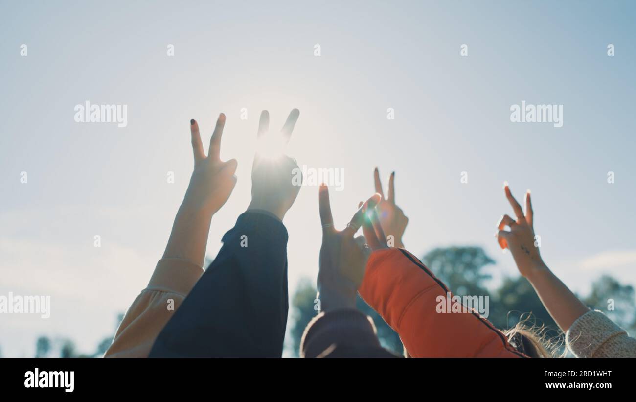 Peace sign, support and hands of friends in nature for community ...