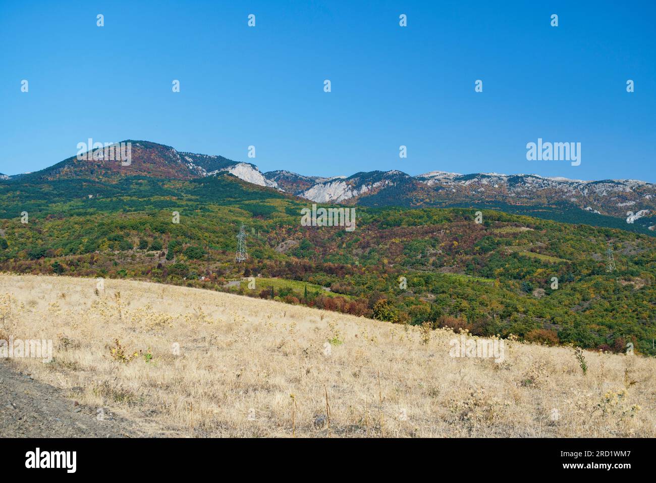 Drone photo mountain landscape with small towns in the seaside area ...