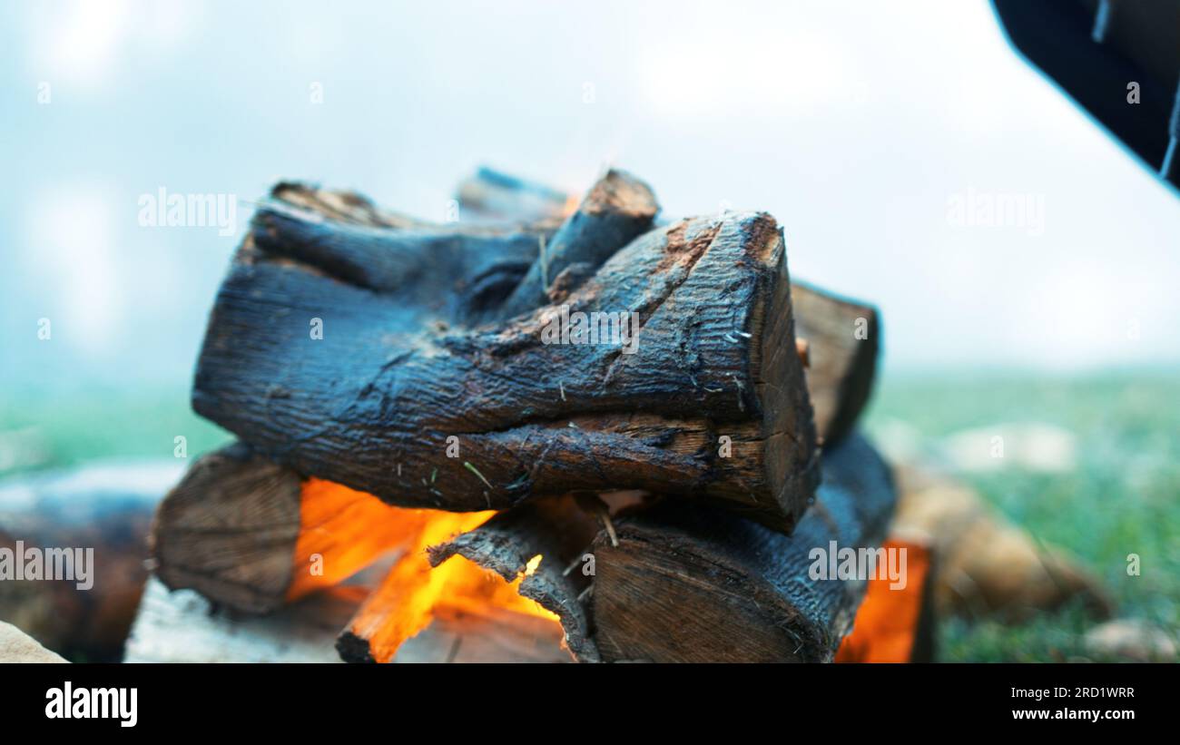 Bonfire circle, camp and outdoor in nature with stone, rock and safe on ...
