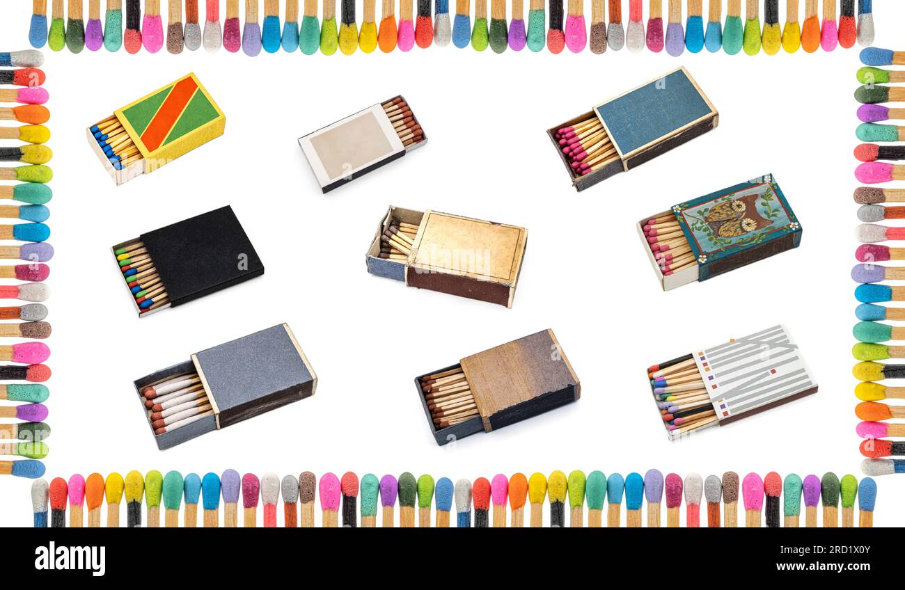 a collection of matchboxes with a frame made by matchsticks various ...