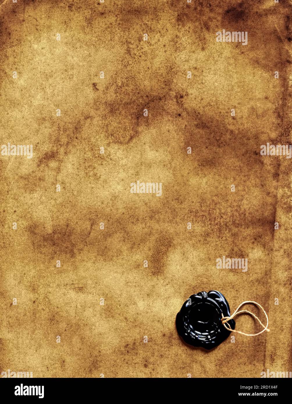 Aging, worn paper with water stains and seal wax with the cord Stock ...