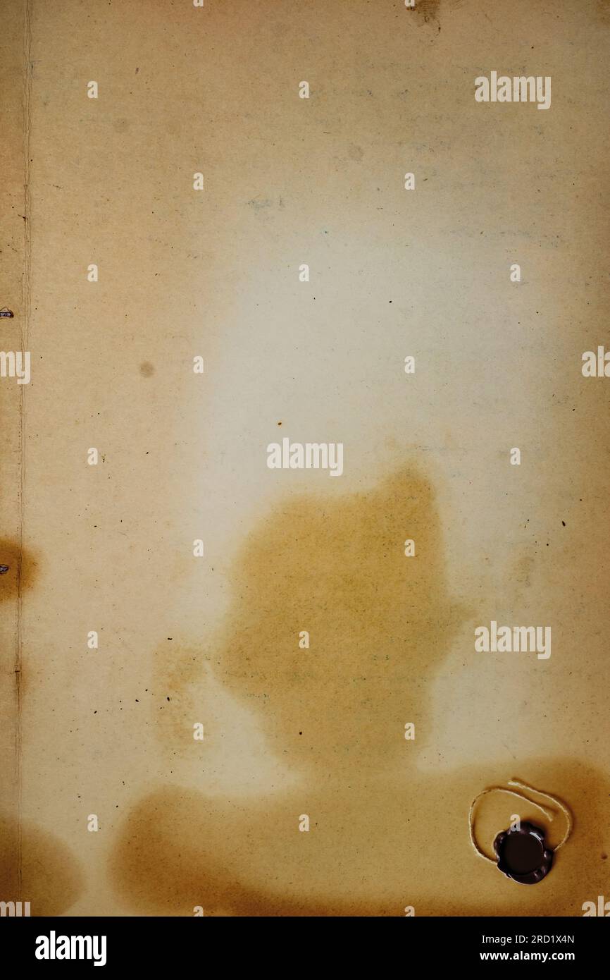 Aging, worn paper with water stains, rough edges and wax seal with ...