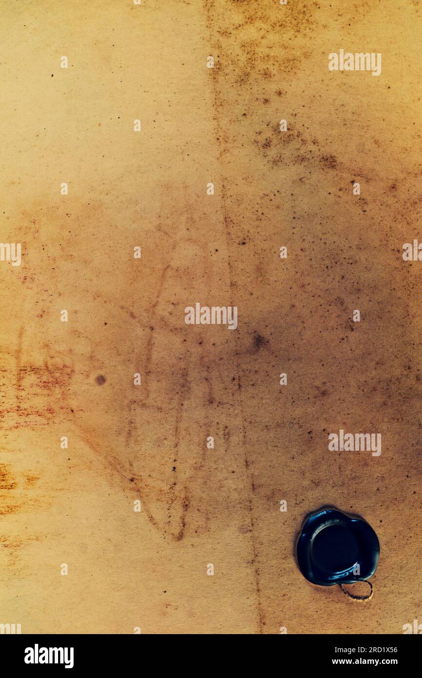 Aging, worn paper with water stains, rough edges and wax seal with ...