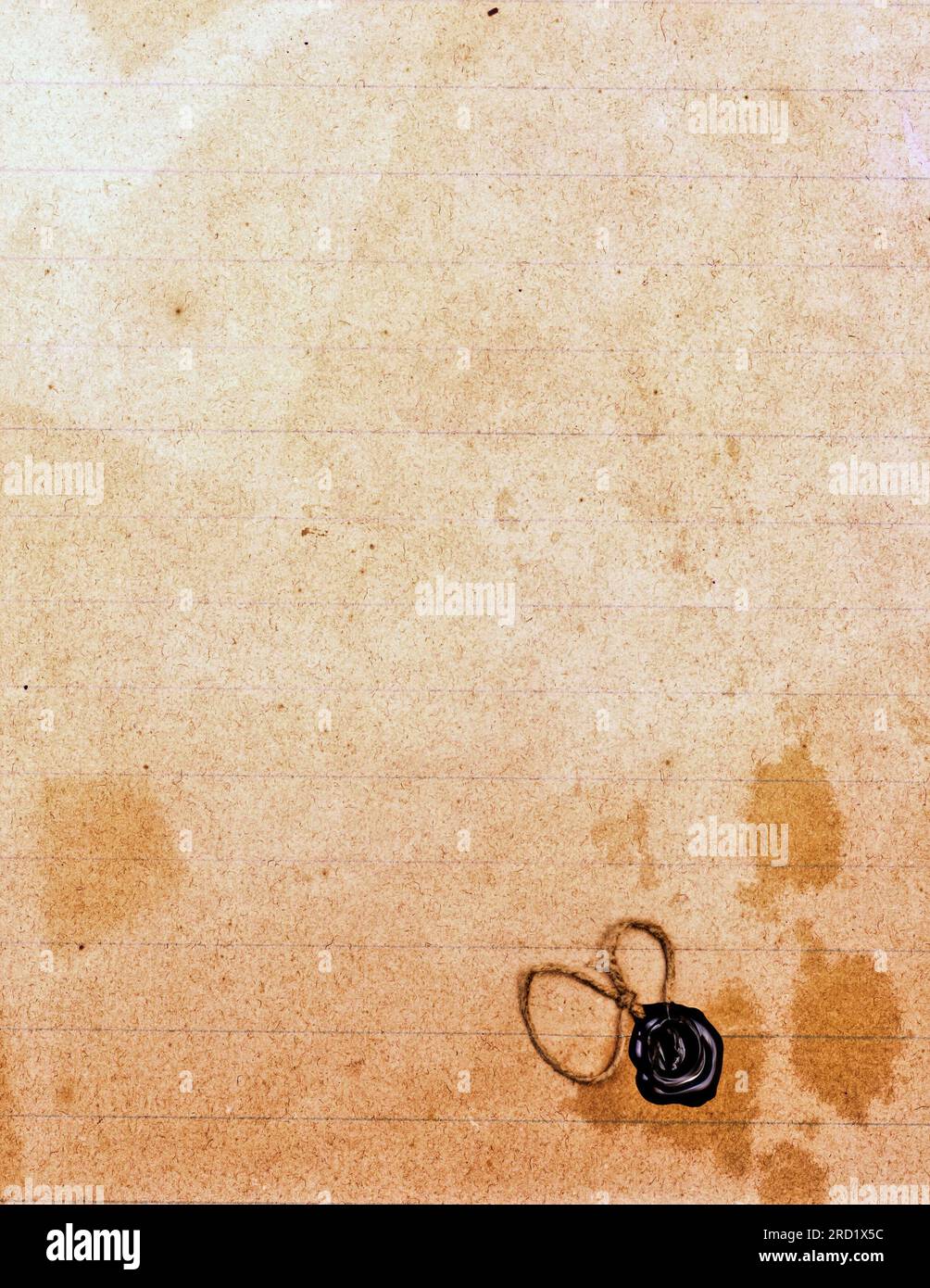 Aging, worn paper with water stains and seal wax with the cord Stock ...