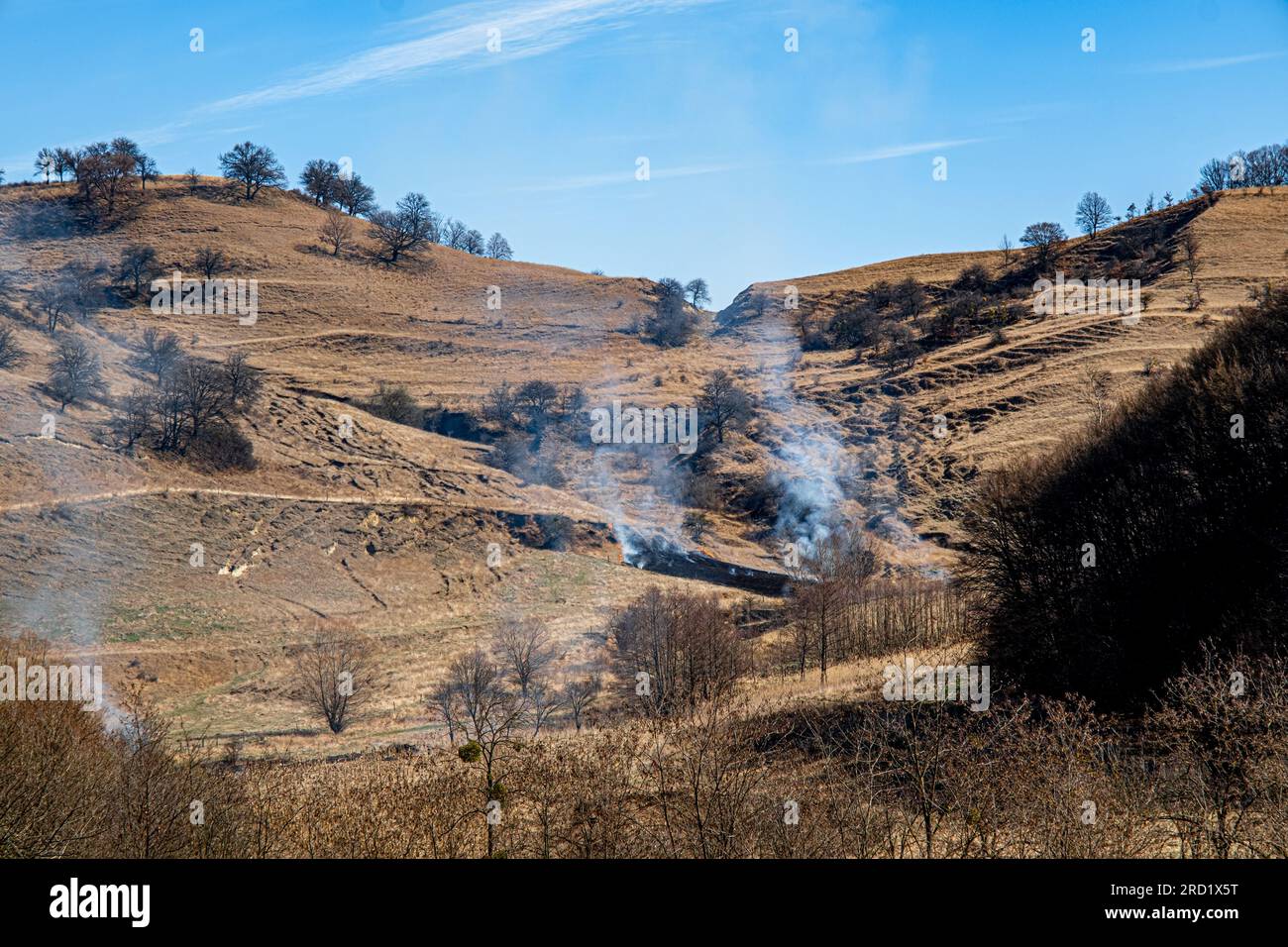 Burning dry vegetation on hills Stock Photo - Alamy