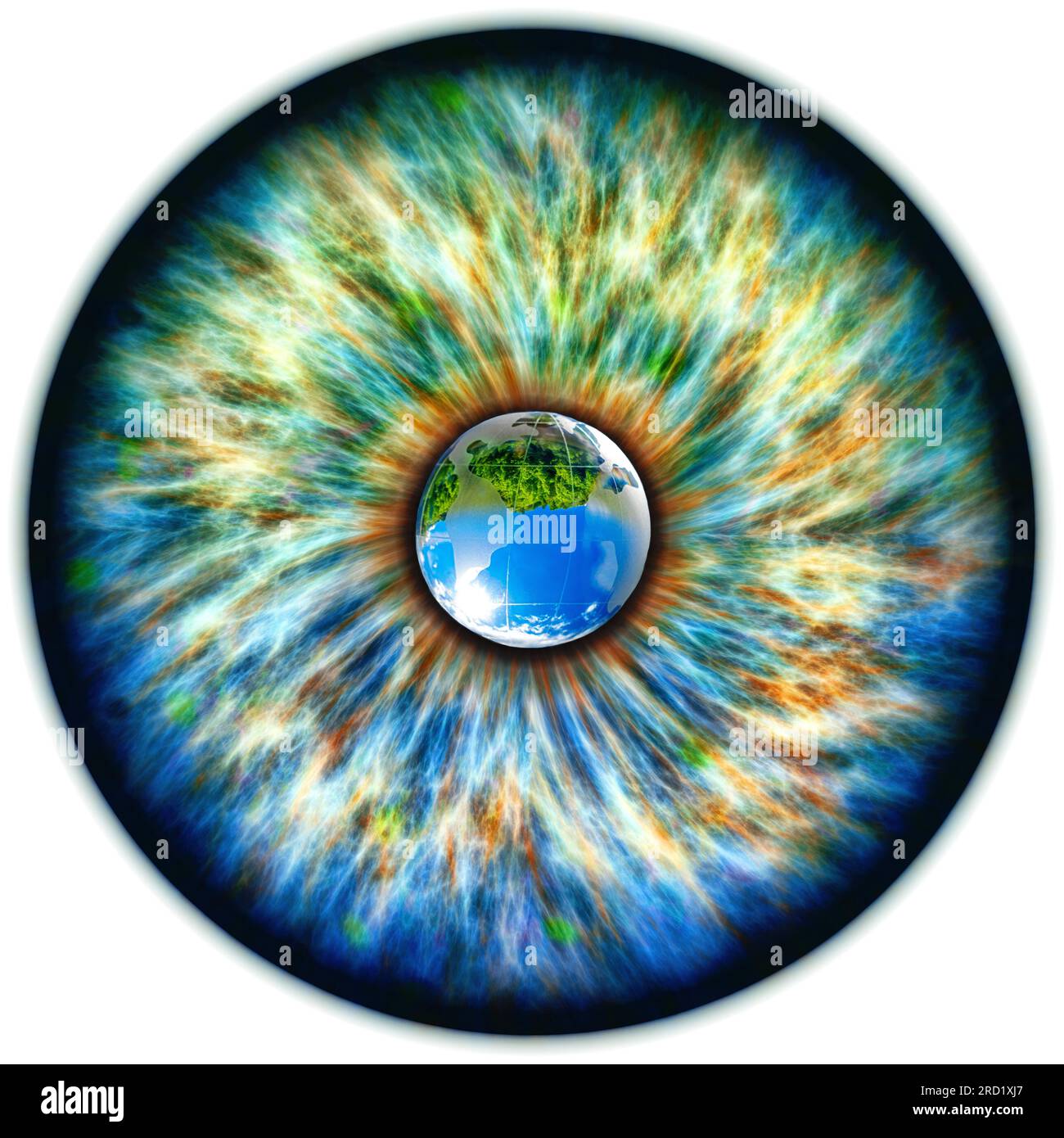 Illustration of a multicolour iris with a earth globe. Digital artwork ...