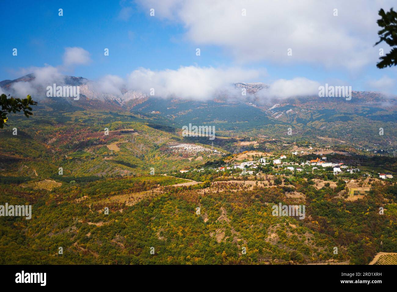 Drone photo mountain landscape with small towns in the seaside area ...
