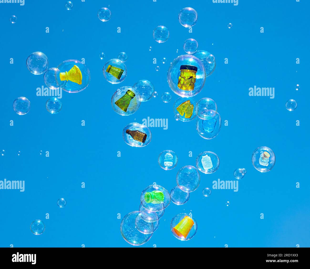plastic products floating in soap bubbles in the blue sky Stock Photo ...
