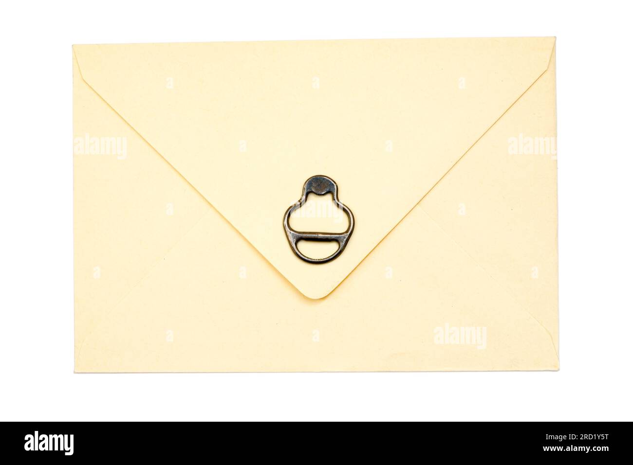 vintage paper envelope with old metallic soda Can ring pull isolated on ...