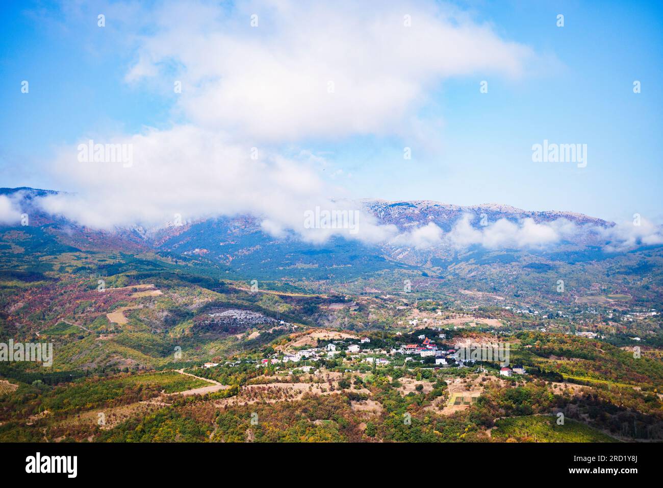 Drone photo mountain landscape with small towns in the seaside area ...