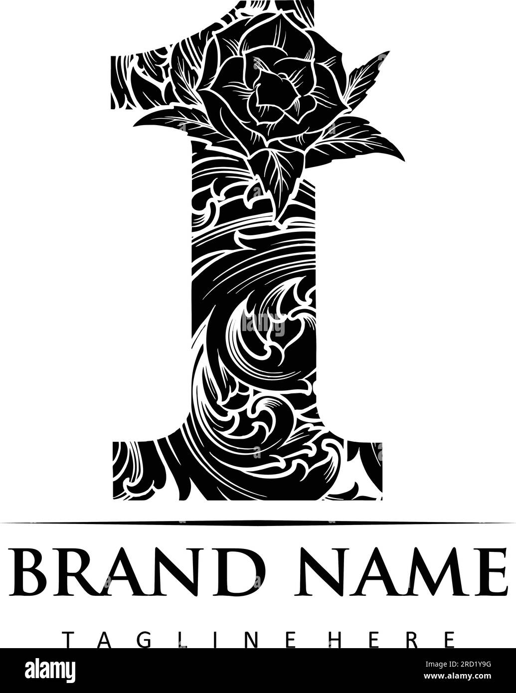Whimsical engraved floral number 1 with monogram accent vector ...