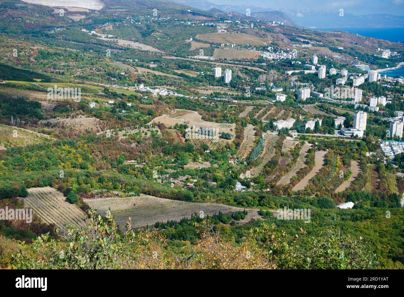Drone photo mountain landscape with small towns in the seaside area ...