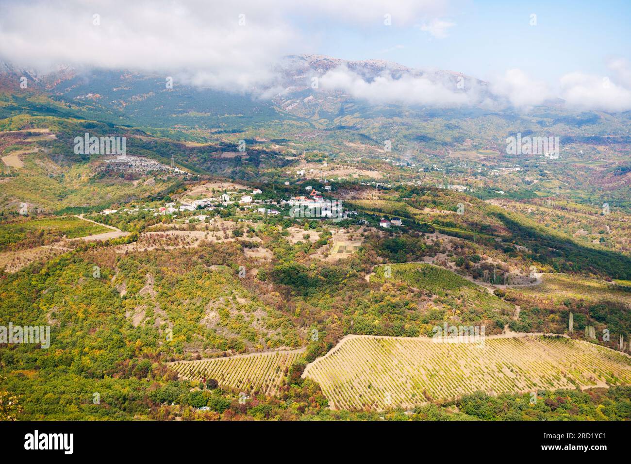 Drone photo mountain landscape with small towns in the seaside area ...