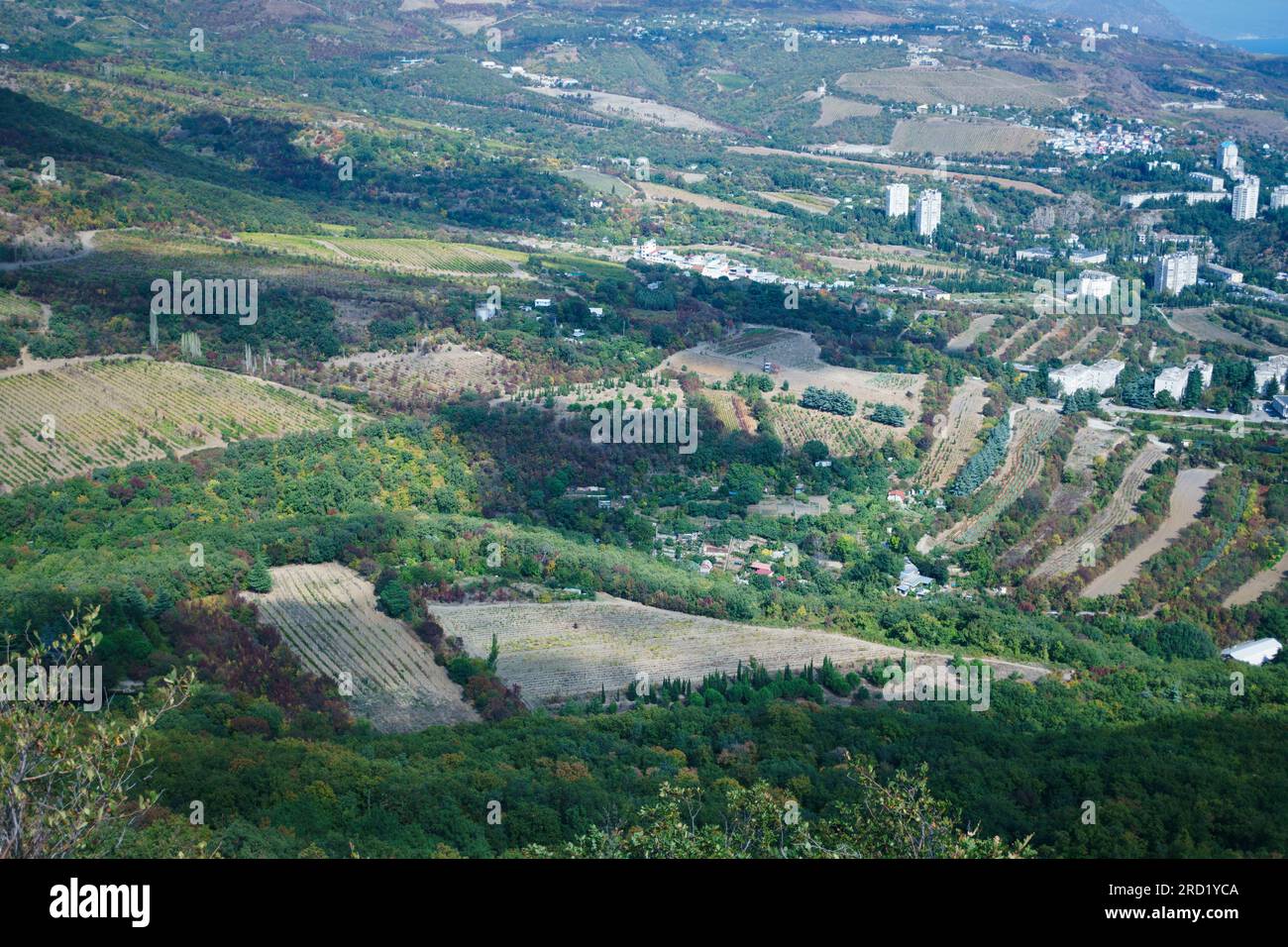 Drone photo mountain landscape with small towns in the seaside area ...