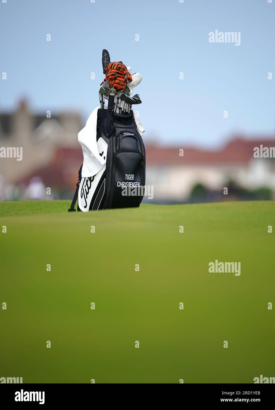 General view of Germany's Tiger Christensen golf bag on the 2nd green ...