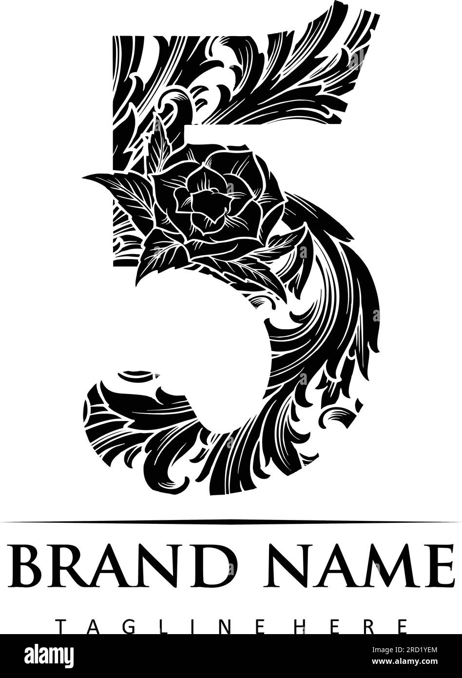 Floral engraved number 5 ornament monogrammed beauty vector ...