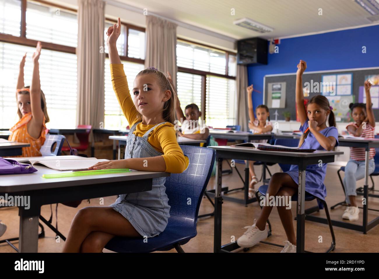 Primary school children raising hands in class hi-res stock photography ...