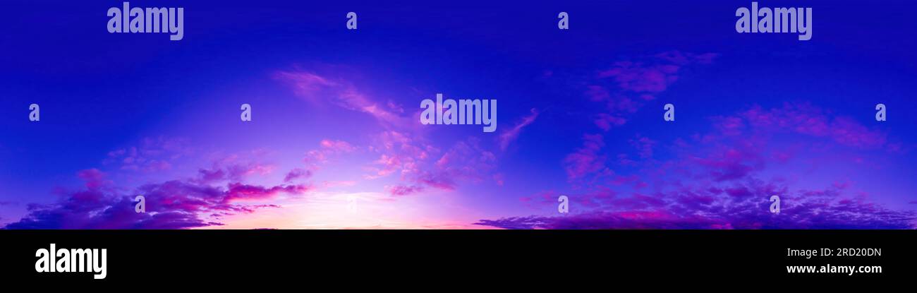 Dark blue magenta twilight sky panorama with Cumulus clouds. Seamless ...