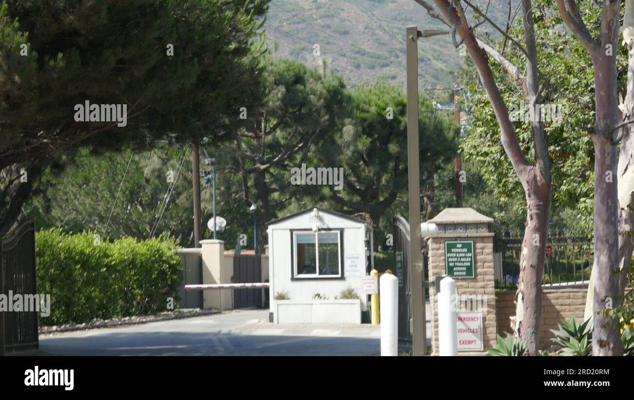 Malibu, California, USA 16th July 2023 Security Gate Entrance to Former ...