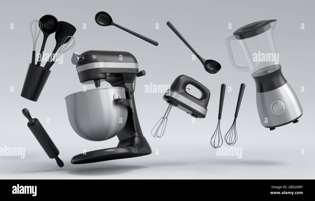 Mixer and metal bowl with kitchen utensil for preparation of dough on ...