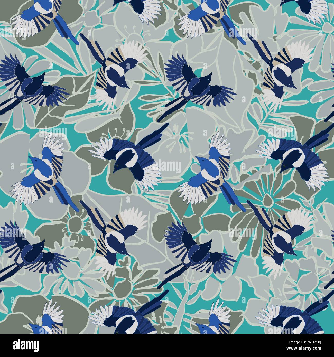 Black billed magpie seamless pattern. Birds with floral elements Vector ...