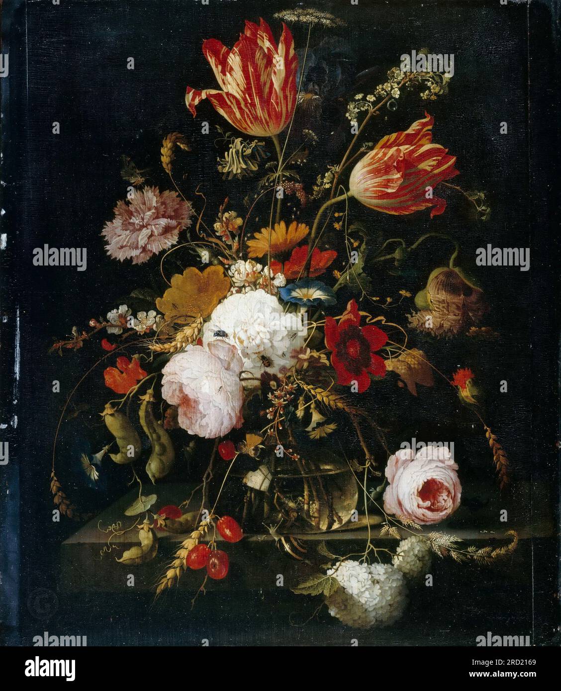 Abraham Mignon -- Flowers in a crystal vase, with pea branch and snail ...