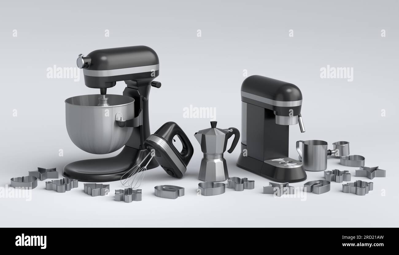 Mixer and metal bowl with kitchen utensil for preparation of dough on ...