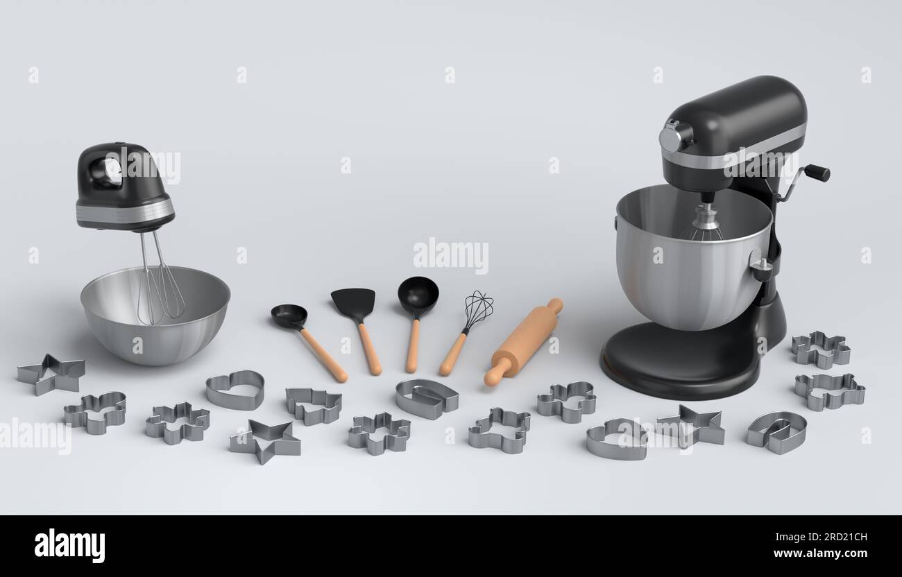 Mixer and metal bowl with kitchen utensil for preparation of dough on ...