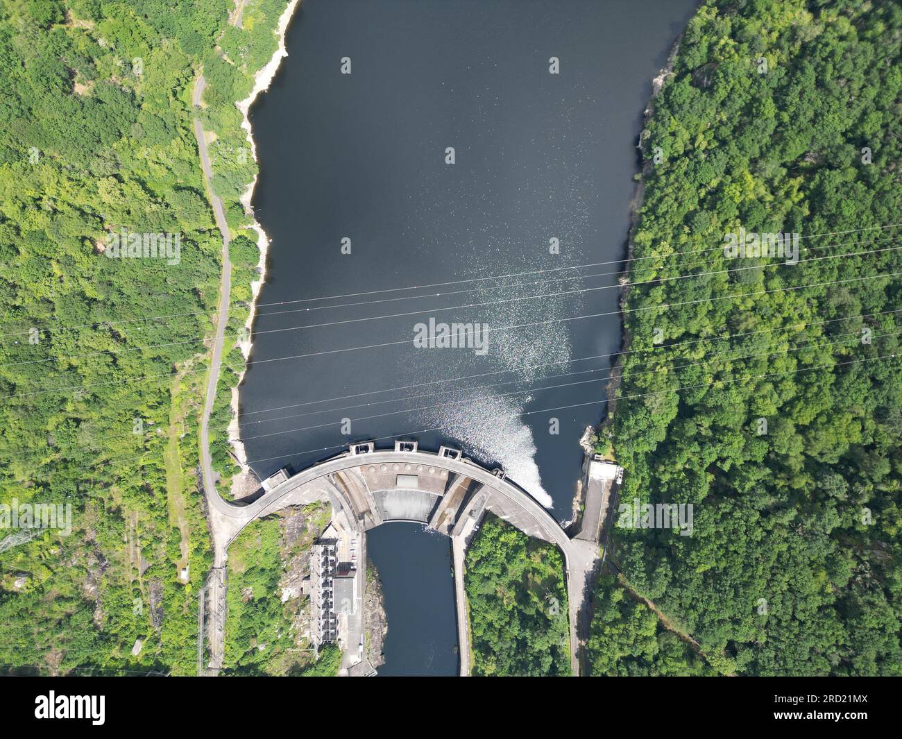 Overhead birds eye view Barrage Du Chastang hydro-electric dam EDF ...