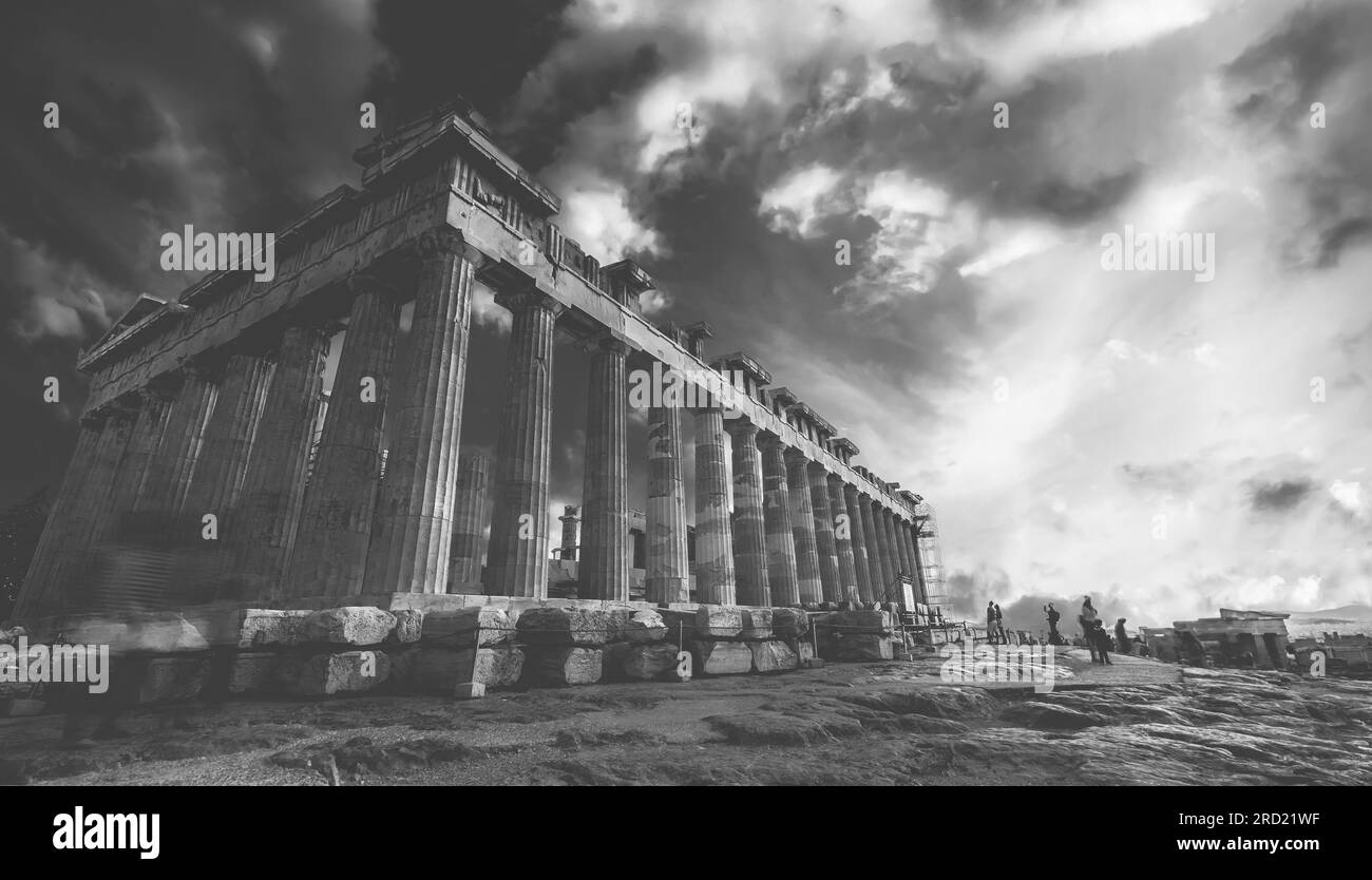Acropolis. Columns of the Parthenon at sunset, Athens, black and white ...