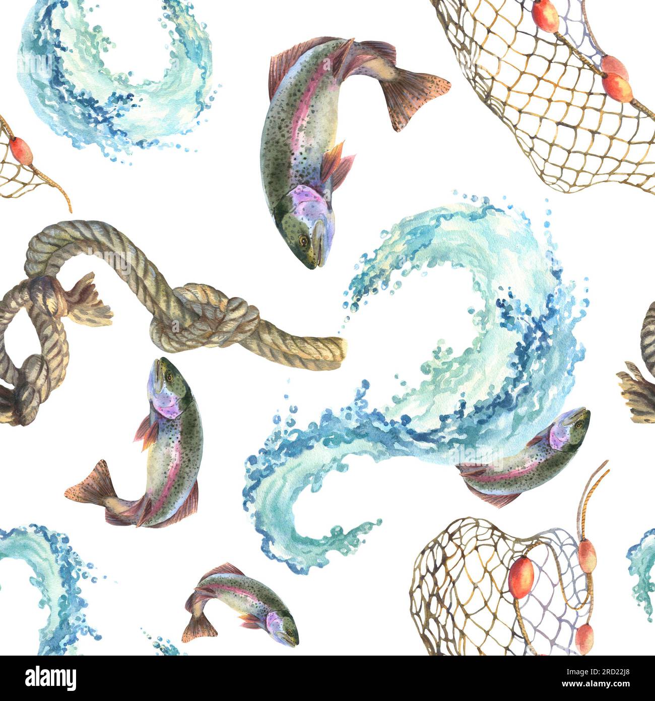 Watercolor fishing seamless pattern. Hand drawn trout, splash wave ...